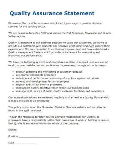 Free 10 Quality Assurance Statement Samples Product Mission Construction