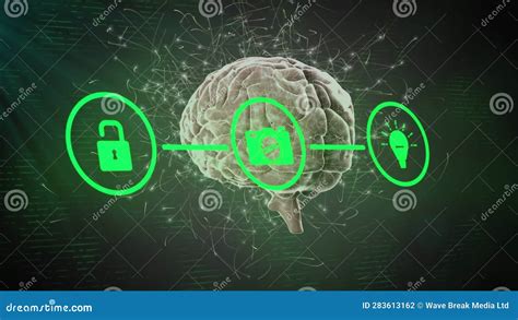 Animation Of Icons With Data Processing Over Human Brain Stock Footage Video Of Concept
