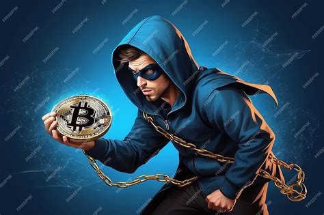premium photo cyber thief stealing bitcoin on blue background