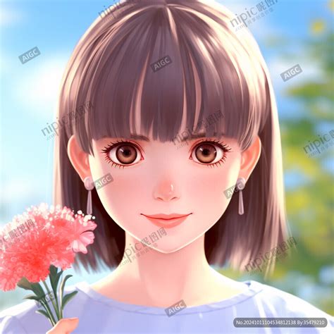 Ai创作图女孩捧花微笑插画 清纯女孩插画 少女头像插画 花季少女插画 少女与花插画 青春风少女插画 康乃馨女孩插画 卡通女孩半身像 唯美半身女孩手绘插画 写实人物插画 捧花蓝的女孩插画 漂亮