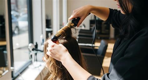 Professional Woman Styling Hair With Curling Iron In Modern Salon