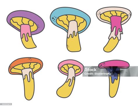 그루비 스타일의 여러 가지 빛깔의 환각적인 유독 버섯 세트 벡터 히피 복고풍 디자인 요소 0명에 대한 스톡 벡터 아트 및 기타 이미지 Istock
