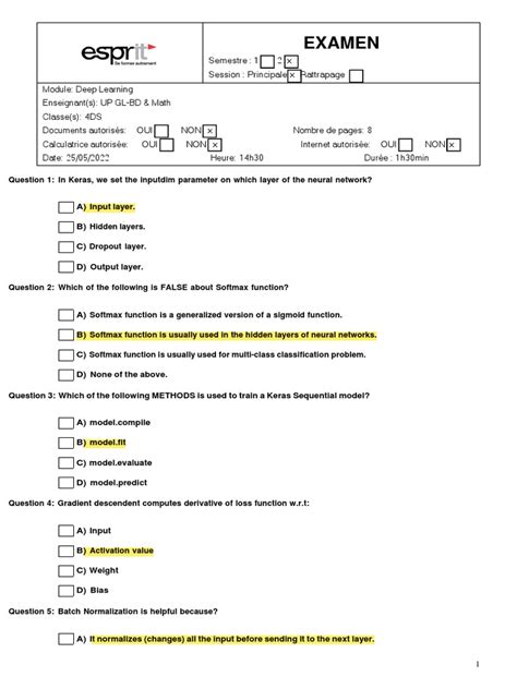 Deep Learning Exam Multiple Choice Questions On Key Concepts In Deep Neural Networks Pdf