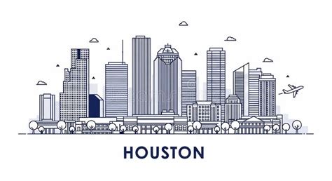 Houston Skyline Line Art With Airplane Stock Illustration