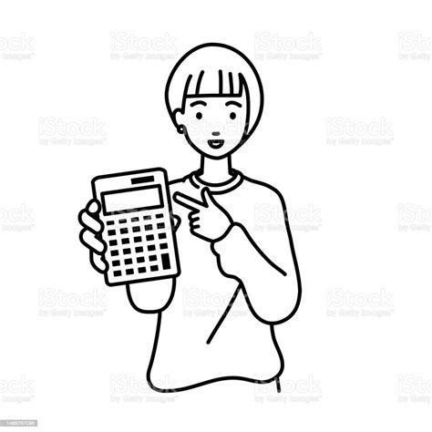 캐주얼한 스타일의 여성이 미소를 지으며 계산기를 추천하고 제안하고 보여주고 가리키고 있다 가리키기에 대한 스톡 벡터 아트 및 기타 이미지 Istock