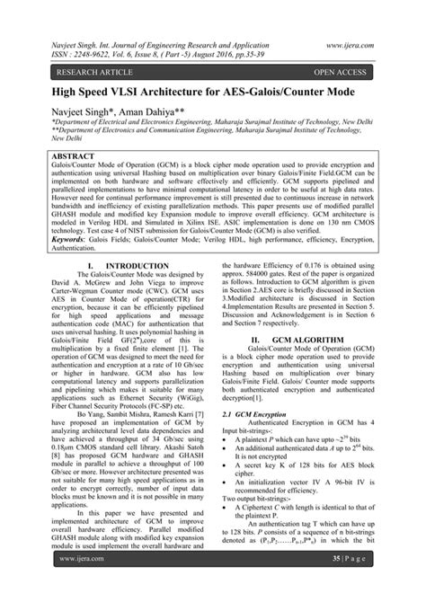 High Speed Vlsi Architecture For Aes Galoiscounter Mode Pdf Programming Languages Computing