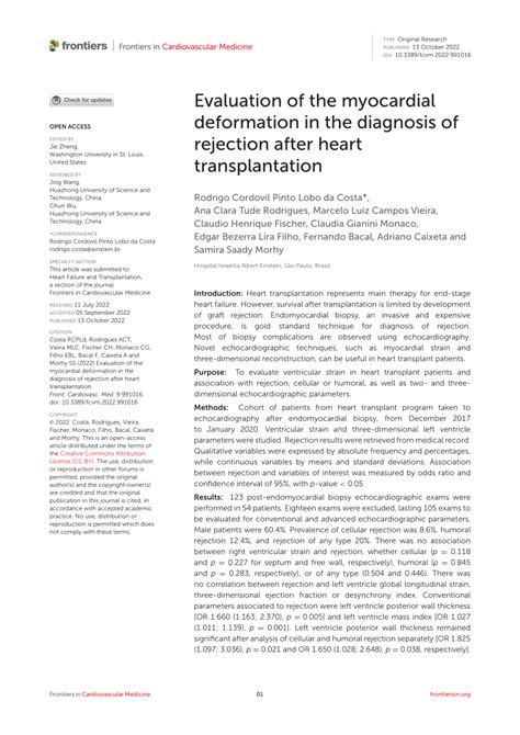 Pdf Evaluation Of The Myocardial Deformation In The Diagnosis Of Rejection After Heart