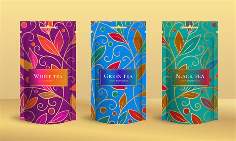 지퍼 파우치 백 모형을 사용한 차 포장 디자인 벡터 장식 템플릿입니다 우아하고 고전적인 요소 음식 음료 및 기타 패키지 유형에 적합합니다 배경 과 벽지에 사용할 수 있습니다