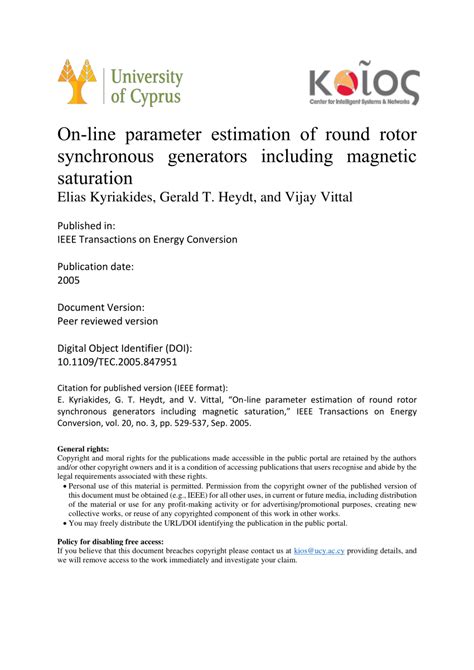 Pdf Online Parameter Estimation Of Round Rotor Synchronous Generators