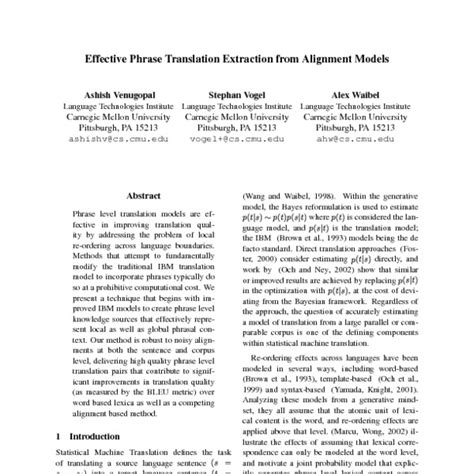 Effective Phrase Translation Extraction From Alignment Models Acl Anthology