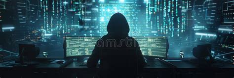 A Silhouette Of A Hacker In A Hoodie Is Focused On A Computer