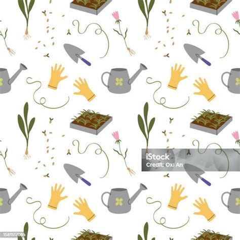 다양한 정원 아이템의 원예 원활한 패턴 원예 도구 장갑 묘목 꽃 삽 물뿌리개로 배경을 반복합니다 인쇄 포장 종이 직물 장식 장식 꽃 식물에 대한 스톡 벡터 아트 및 기타