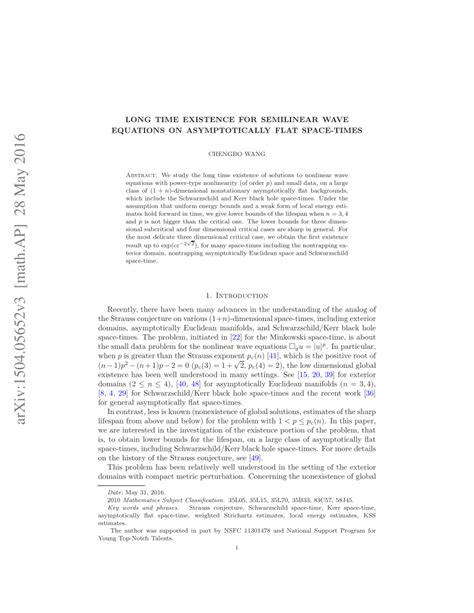Pdf Long Time Existence For Semilinear Wave Equations On Asymptotically Flat Space Times