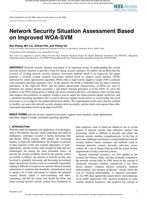Pdf Network Security Situation Assessment Based On Improved Woa Svm