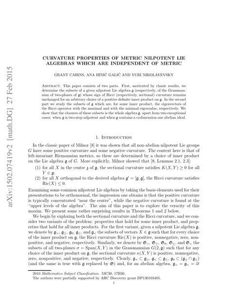 Pdf Curvature Properties Of Metric Nilpotent Lie Algebras Which Are