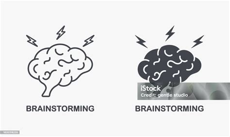 브레인 스토밍 실루엣과 선 아이콘 세트 크리에이티브 아이디어 픽토그램을 떠올려 보세요 번개를 가진 인간의 뇌 브레인스토밍 개념 기호 모음 지적 과정 고립된 벡터 고체에 대한