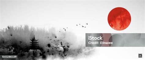 안개 낀 숲 산 탑 사원 큰 붉은 태양 일본의 상징으로 잉크 워시 그림 전통적인 동양 수묵화 Sumie Usin Gohua Hieroglyph Eternity 의 번역 붓에