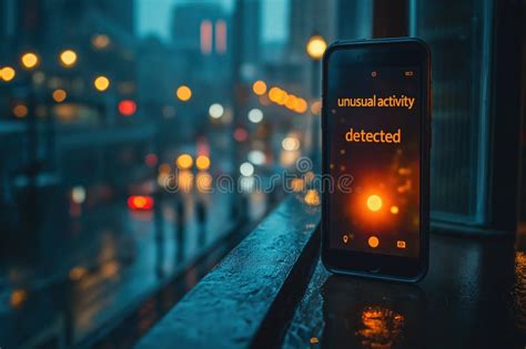 Smartphone Displaying Unusual Activity Detection In A Rainy Urban Environment At Night Stock