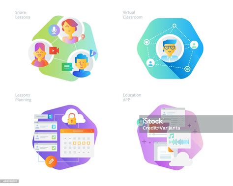 교사를 위한 온라인 교육 애플 리 케이 션 가상 교실 교육 네트워크 강의 프로그램에 대 한 소재 디자인 아이콘 설정 개념과 주제에 대한 스톡 벡터 아트 및 기타 이미지