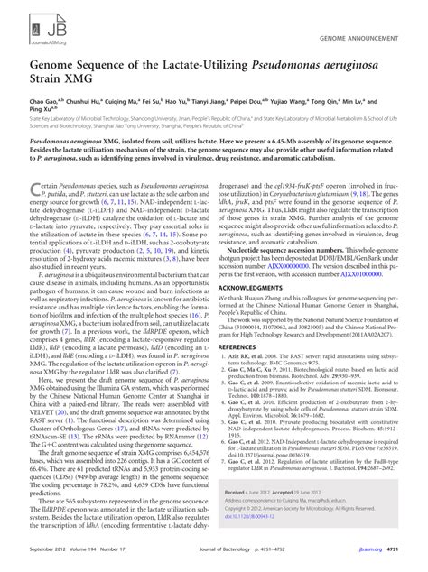 Pdf Genome Sequence Of The Lactate Utilizing Pseudomonas Aeruginosa Strain Xmg