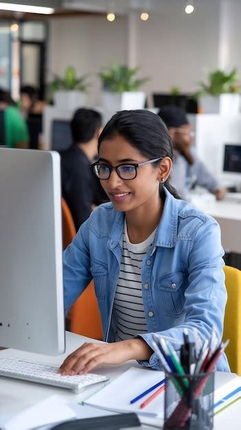 Diverse Office Portrait Of Talented Indian Girl It Programmer Working
