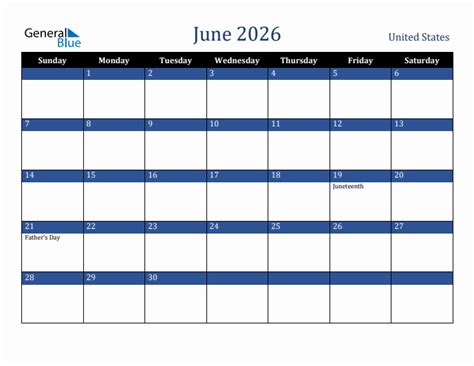 June 2026 Monthly Calendar With United States Holidays