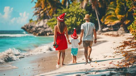 크리스마스 모자를 쓰고 열대 해변에서 즐거운 시간을 보내는 가족의 뒷모습 해변 산타 장식 배경 일러스트 및 사진 무료 다운로드 Pngtree