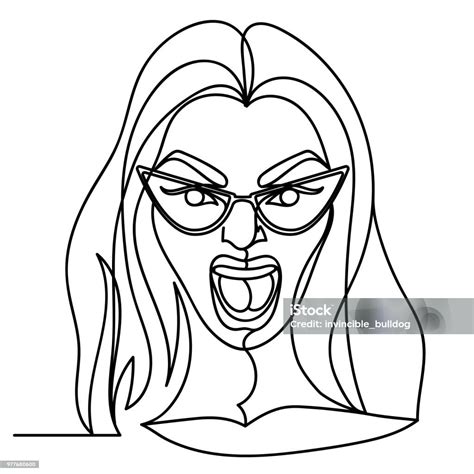 안경 한 라인 아트 초상화에 여자 비명 불행 한 여성 얼굴 식입니다 손으로 그린된 선형 여자 실루엣입니다 벡터 일러스트 레이 션 개념에 대한 스톡 벡터 아트 및 기타 이미지
