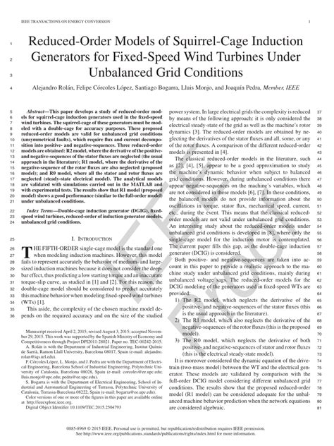 Pdf Reduced Order Models Of Squirrel Cage Induction Generators For Fixed Speed Wind Turbines