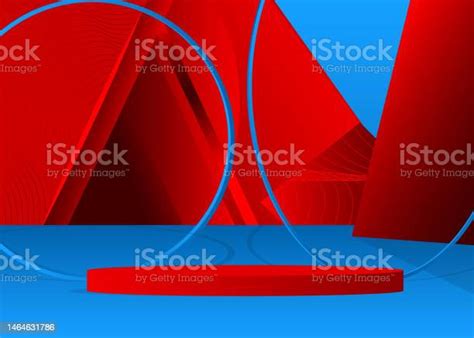 파란색과 빨간색 모형 실린더 받침대 연단 추상 3d 제품 디스플레이 프레젠테이션을 위한 현실적인 벡터 무대 쇼케이스 최소한의