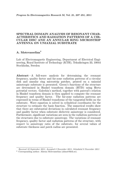Pdf Spectral Domain Analysis Of Resonant Char Acteristics And Radiation Patterns Of A Cir