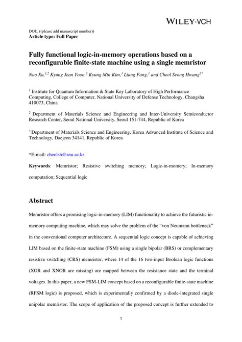 Pdf Fully Functional Logic In Memory Operations Based On A