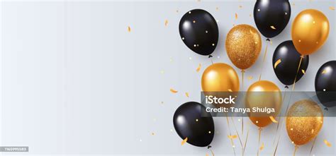 헬륨 풍선 축하 축제 배경 금색과 검은 색 현실적인 3d 벡터 비행 풍선 인사말 배너 또는 포스터 풍선에 대한 스톡 벡터 아트