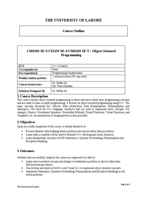 The University Of Lahore Course Outline Pdf Inheritance Object Oriented Programming