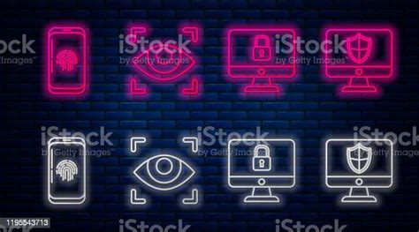 설정 라인 눈 스캔 컴퓨터 모니터 화면에 잠금 지문 스캐너와 컴퓨터 모니터 및 방패와 스마트 폰 벽돌 벽에 빛나는 네온 아이콘입니다 벡터 개념에 대한 스톡 벡터 아트 및