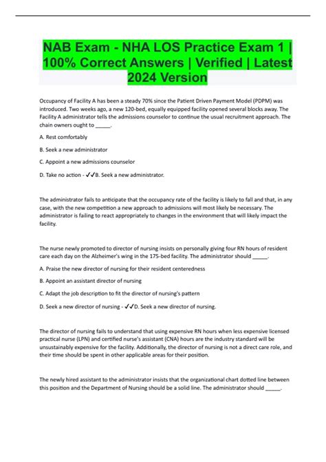 NAB Exam NHA LOS Practice Exam 1 100 Correct Answers Verified Latest 2024 Version NAB