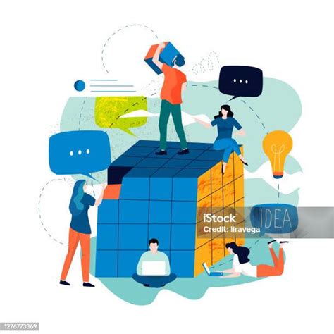 문제 해결 크리에이티브 솔루션 혁신적인 비즈니스 접근 방식 브레인스토밍 및 독특한 아이디어 및 모바일 및 웹 그래픽을 위한 플랫 벡터 일러스트 디자인 퍼즐큐브에 대한 스톡