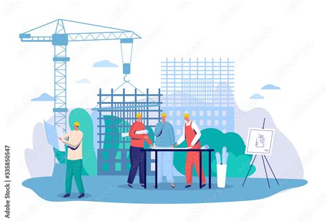 Architect Engineer Building Construction Project Development Vector Illustration Process Of