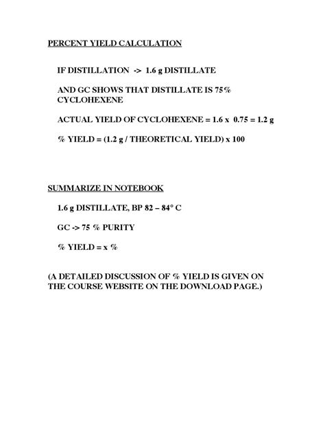 Percent Yield Calculation If Distillation Summaries Chemistry Docsity