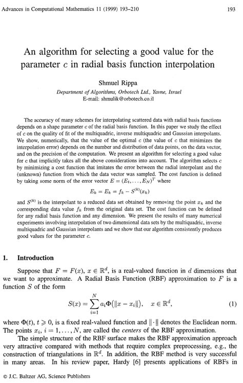 Pdf An Algorithm For Selecting A Good Parameter C In Radial Basis