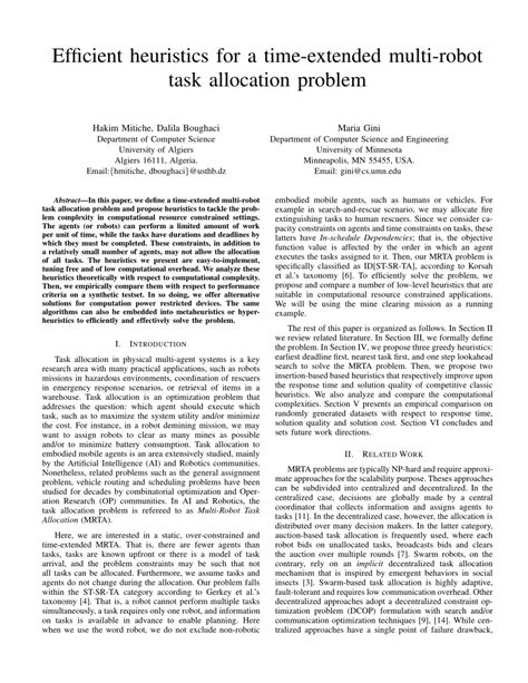 Pdf Efficient Heuristics For A Time Extended Multi Robot Task