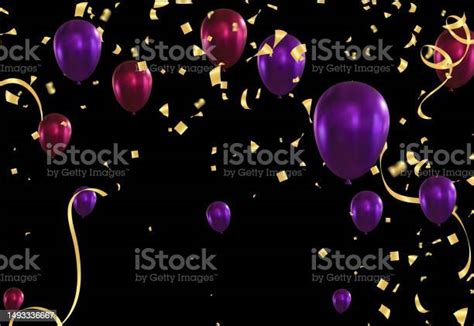 보라색 풍선과 황금색 색종이가 검은 배경에 있다 벡터 그림입니다 3차원 형태에 대한 스톡 벡터 아트 및 기타 이미지 3차원 형태 개념 개념과 주제 Istock