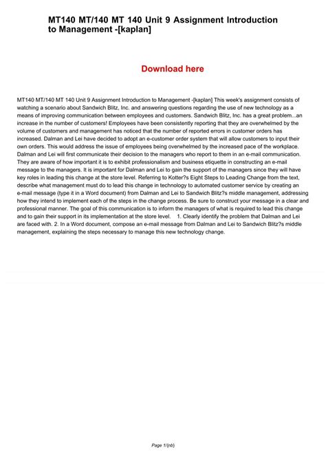 Mt140 Mt140 Mt 140 Unit 9 Assignment Introduction To Management Kaplan