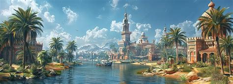 푸른 하늘 아래 야자수와 물 화려한 건물이 특징인 생동감 넘치는 환상의 풍경 풍경 공상 건축학 배경 일러스트 및 사진 무료 다운로드 Pngtree