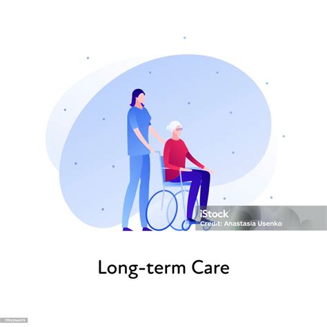 벡터 평면 보험 배너 템플릿 그림입니다 장기 요양 시니어 보험 개념 흰색 배경에 휠체어에 여성과 간호사 포스터 Ui 웹을위한 비즈니스 디자인 요소 요양원에 대한 스톡 벡터