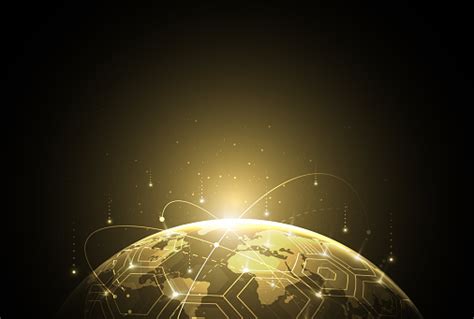 Abstract Global Network Connection On Gold Background World Map Point And Line Composition
