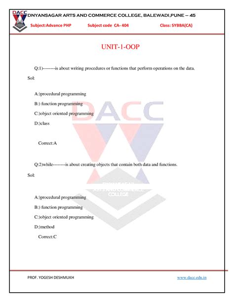Mcq Advance Php Sybbaca Subjectadvance Php Subject Code Ca 404 Class Sybbaca Unit 1 Oop