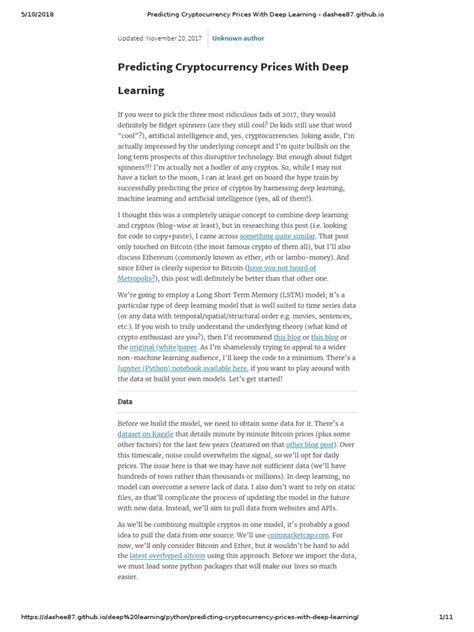 Predicting Cryptocurrency Prices With Deep Learning Dashee87github Io Pdf Pdf
