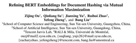 《refining bert embeddings for document hashing via mutual information
