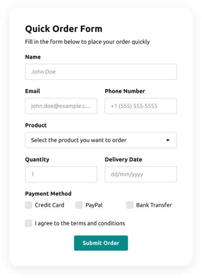 Create Order Forms Template For Bootstrap Free Plugin